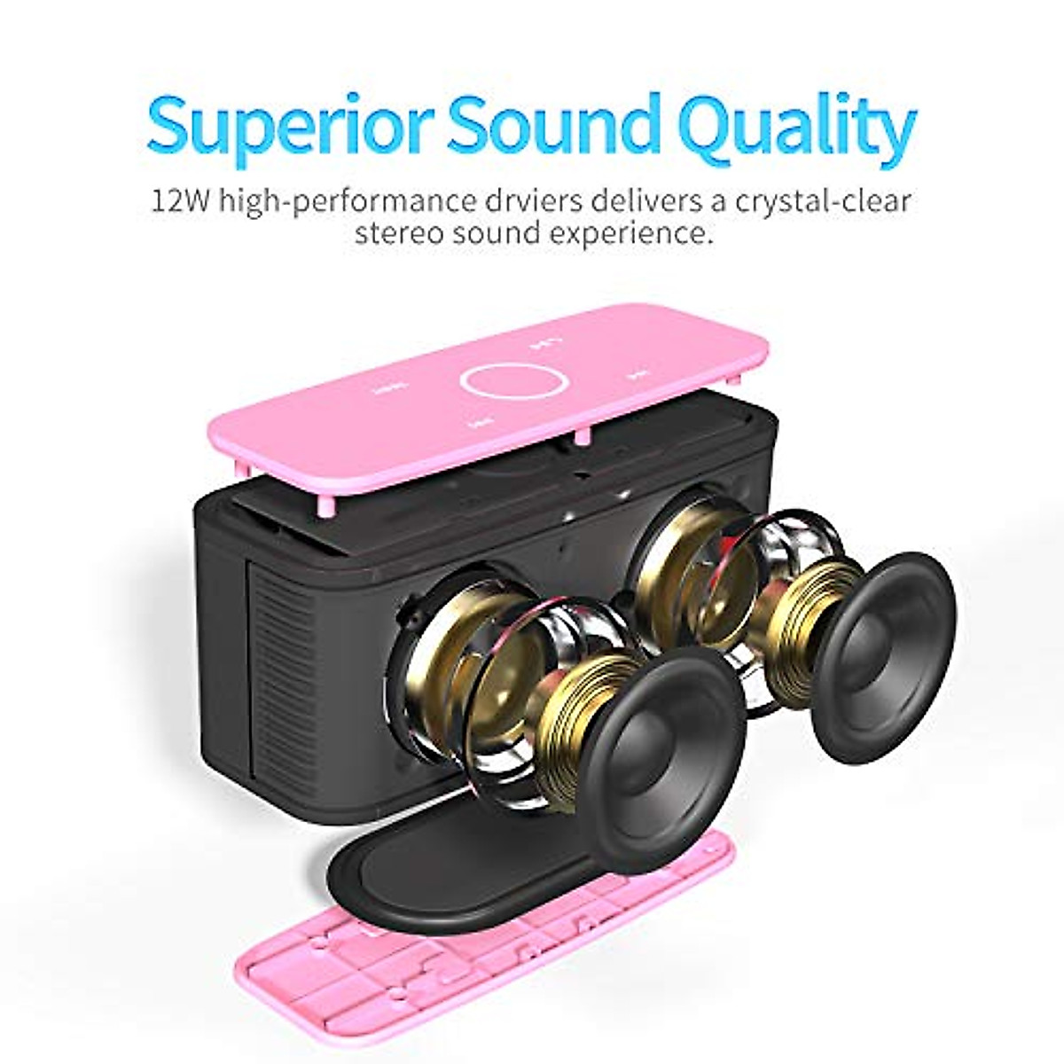 DOSS Bluetooth Speaker, SoundBox Touch Portable Wireless Speaker with 12W HD Sound and Bass, IPX4 Water-Resistant, 20H Playtime, Touch Control, Handsfree, Speaker for Home, Outdoor, Travel-Pink