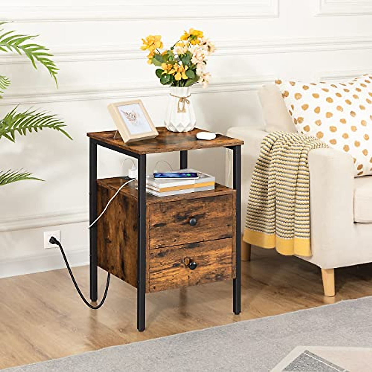 HOOBRO End Table with Charging Station and USB Ports, Side Table with Drawers and Storage Shelf, Set of 2, Bedside Table for Small Spaces, Living Room, Rustic Brown BF431BZP201