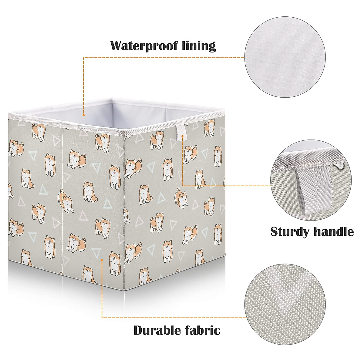 Seamless Cute Cartoon Shiba Inu Dogs Geometric Triangles on Warm Grey Square Storage Basket Bin, Collapsible Storage Box, Foldable Nursery Baskets Organizer for Toy, Clothes Easy to Assemble