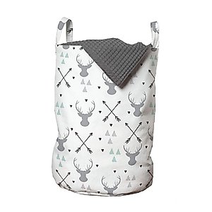 Lunarable Antlers Laundry Bag, Hunting Theme Scandinavian Design Elements Arrows Triangles Deer, Hamper Basket with Handles Drawstring Closure for Laundromats, 13" x 19", Mint Green