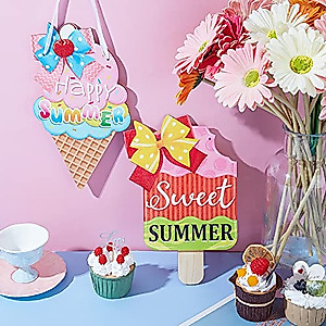 2 Pieces Ice Cream Sandbeach Hanging Sign Happy Summer Wood Sign Sweet Summer Wood Ornaments Summer Welcome Sign Door Wood Hanging Sign for Summer Holiday Party Home Door Wall Window Decor (Ice Cream)