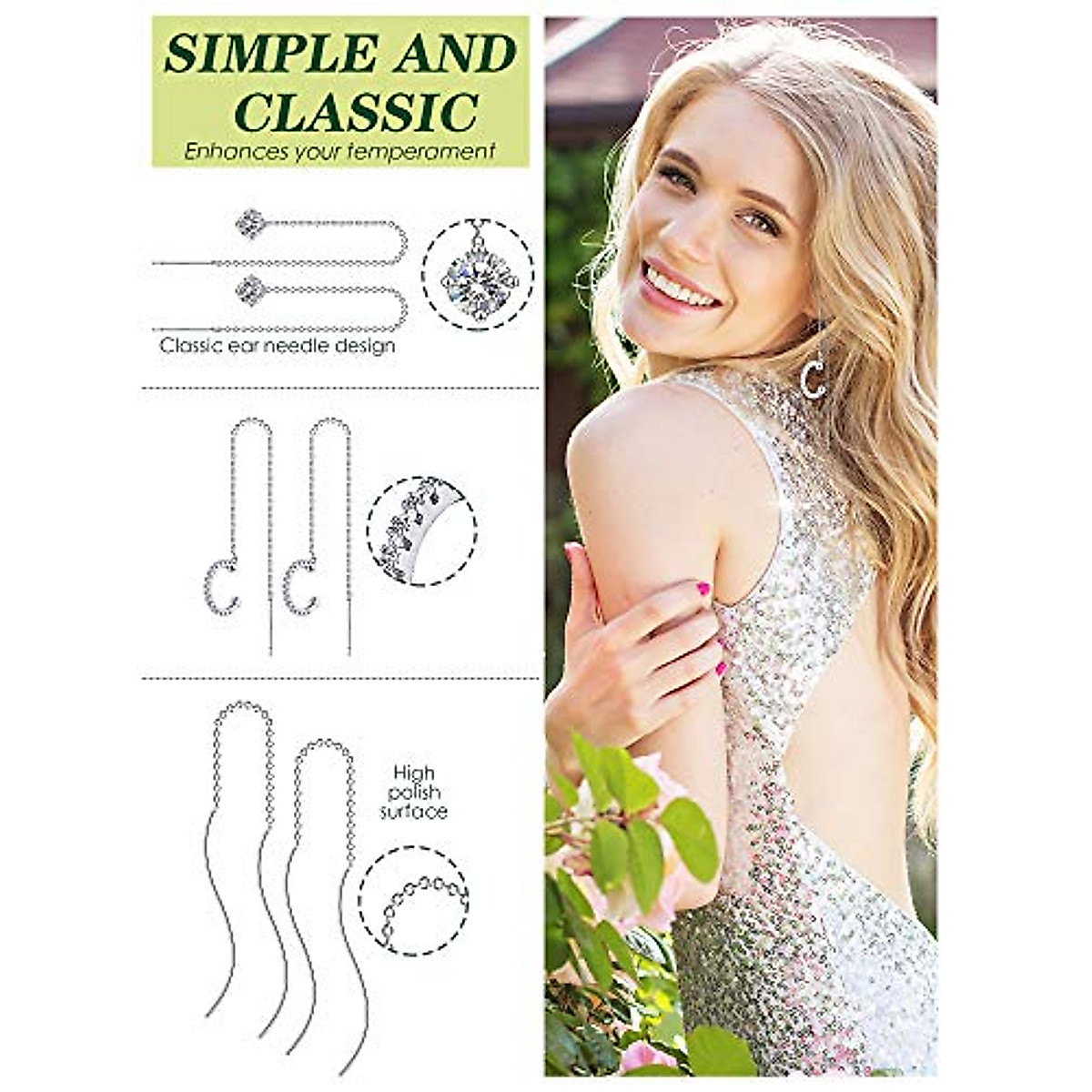 12 Pairs Threader Earrings for Women Stainless Steel Chain Tassel Earrings Threader Lightweight Wave Long Bar Arrow Drop Dangle Chain Earrings Set (Silver)