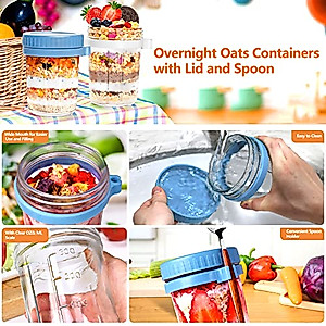 Overnight Oats Containers with Lids and Spoon, Wide Mouth Mason Jars 16 Oz Overnight Oats Jars with Measure Mark, 2 Pack Oatmeal Container Glass Mason Jars for Overnight Oats Salad Yogurt (White/Blue)