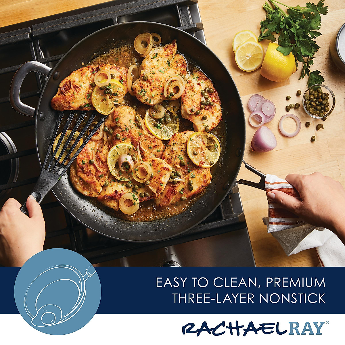 Rachael Ray Cook + Create Hard Anodized Nonstick Frying Pan/Skillet with Helper Handle, 14 Inch - Black