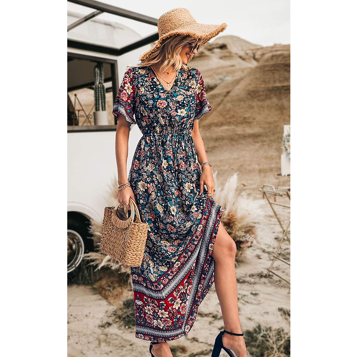 PRETTYGARDEN Women's Casual Summer Boho Floral Print Dress V Neck Short Sleeve High Waist Long Maxi Beach Dresses (Black,Medium)