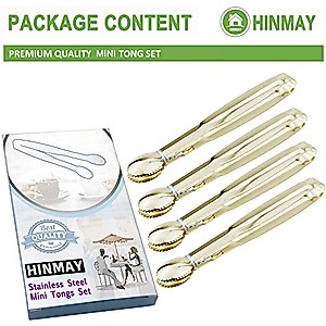 HINMAY Mini Appetizer Tongs 5-3/4 Inch Small Serving Tongs, Set of 4 (Gold)