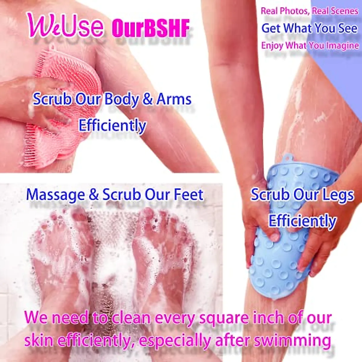 WeUse OurBSHF Back Scrubber Hands-Free for Shower. Easy to Clean Big Flat Silicone Back Washer Foot Massager Body Brush Replace Loofah Sponge. Stick to Wall to Scrub, Hang on Hook to Dry (Pink)