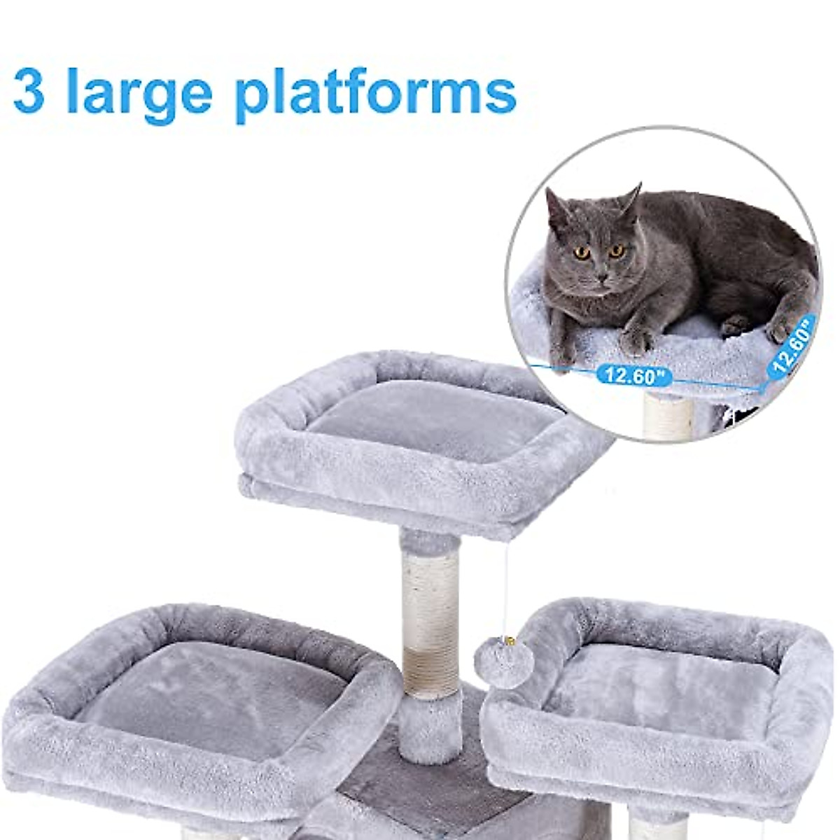 Hey-brother Cat Tree, 71 inches XL Large Cat Tower for Indoor Cats, Multi-Level Cat House with 3 Padded Perches, Big Scratcher, Cozy Basket, 2 Cat Condos and Scratching Posts, Light Gray MPJ034W