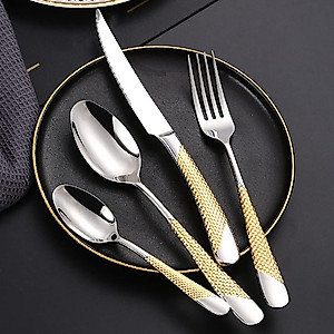 Gold Hammered Silverware Set for 6 Modern Cutlery Utensils 18/10 Stainless Steel Flatware Set 24 Piece Include Knives Forks and Spoons Tableware Set for Home Kitchen Wedding Restaurant Party (Color :