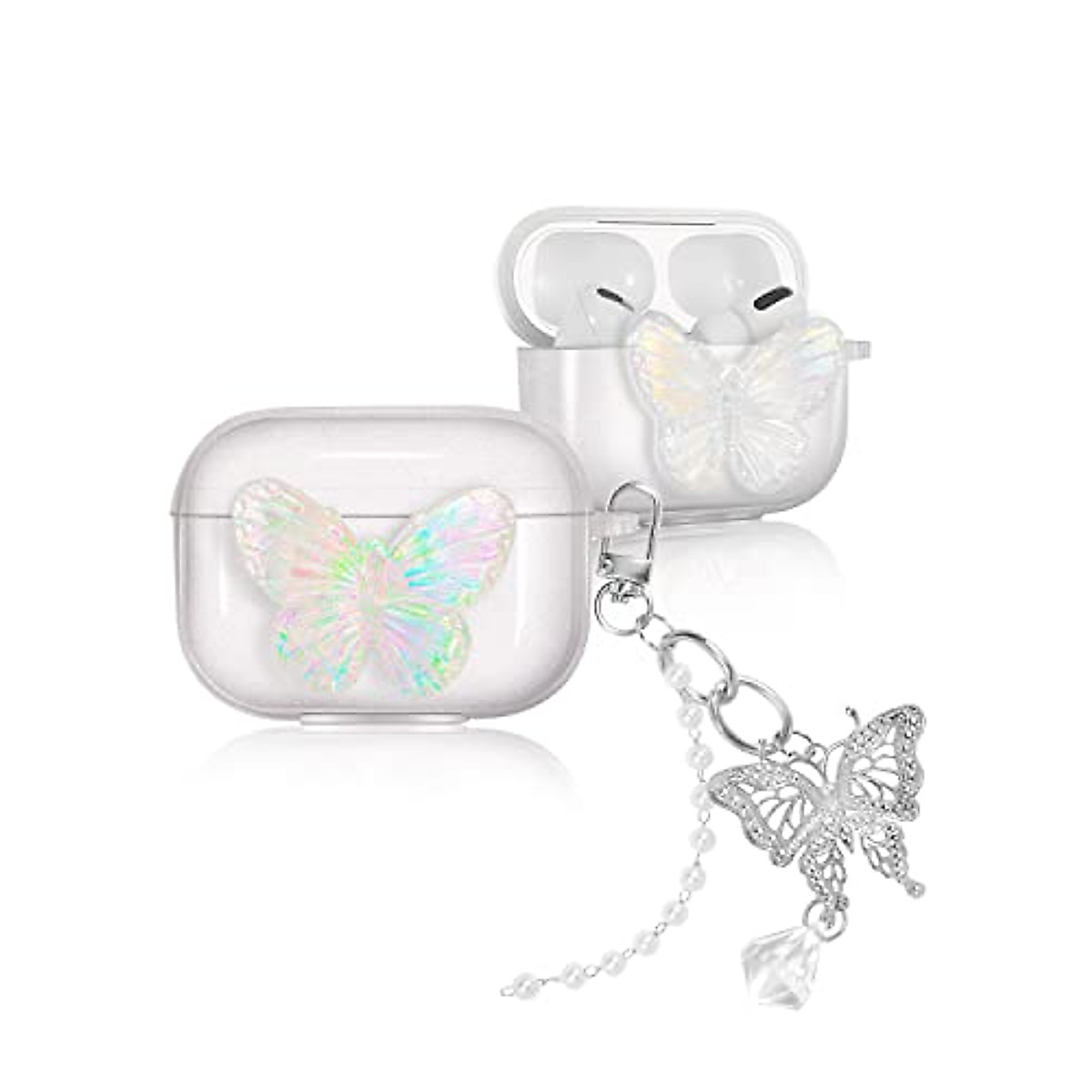 JoySolar Clear Butterfly Girls Case for AirPod Pro 2019/Pro 2 Gen 2022 Aesthetic Cute Glitter TPU Cases Women Girly for AirPods Pro Cover Pretty Bling Shiny Stylish with Keychain for Air Pods Pro