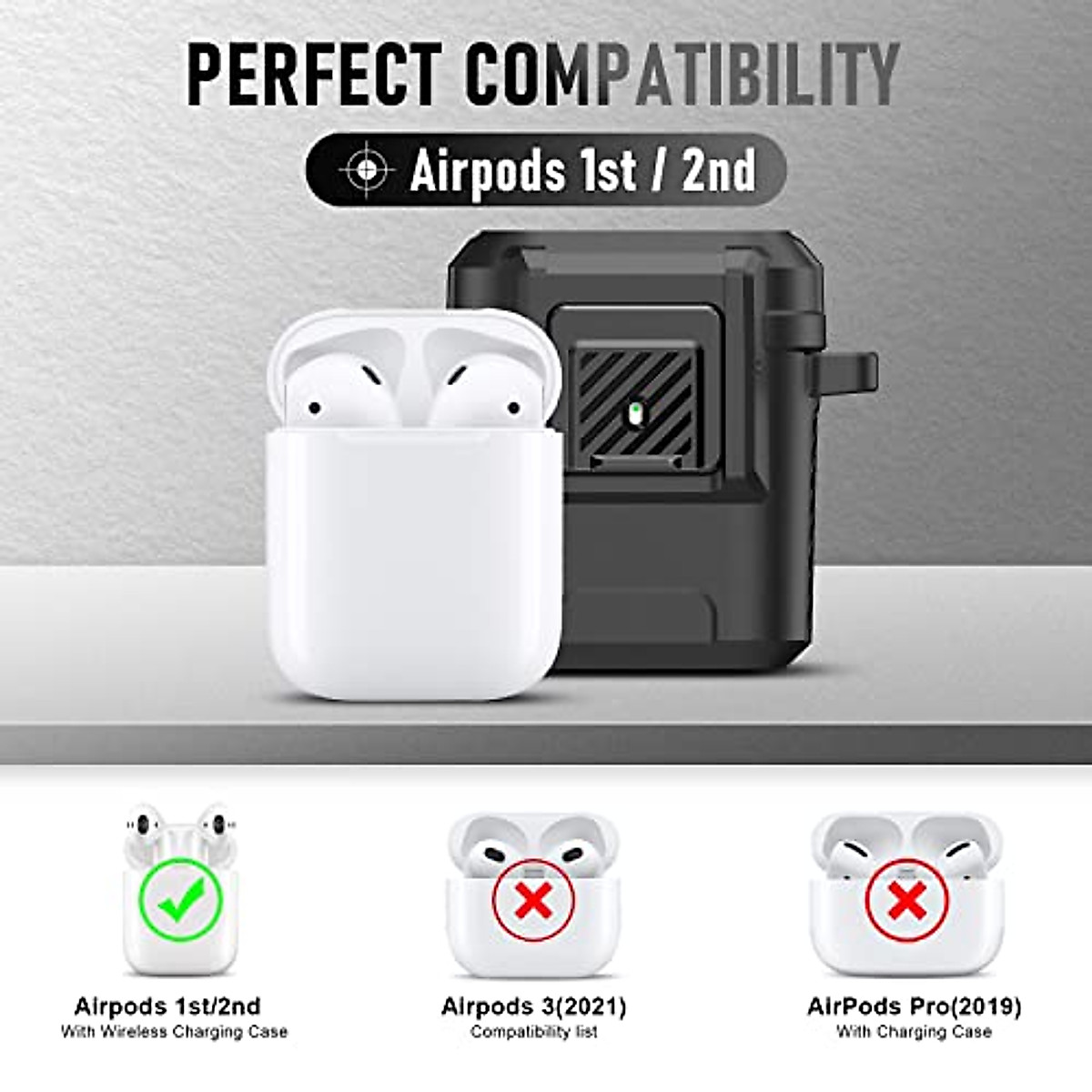 Youtec Compatible with Airpods 2&1 Case Cover with Cleaner Kit, Military Hard Shockproof Airpods Case Cover Protective Case with Automatic Secure Lock & Keychain（10 in 1） (Black-1)