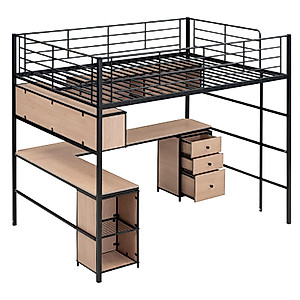 Harper & Bright Designs Full Size Metal Loft Bed with Desk, Bookcase and Storage Cabinet, Modern Heavy-Duty Steel Frame, for Kids Teens Adults (Black)