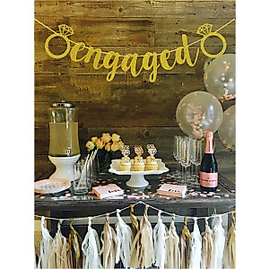 Engagement Party Decorations|Bridal Shower Supplies| Honeycomb Ring Hanging Decorations,Glitter Gold Diamond Ring（(3pcs),Engaged Banner Gold Glittery Letters and Diamond Ring for Party Decorations