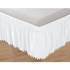 Elegant Comfort Top-Knot Tassle Pompom Fringe Ruffle Skirt Around Style Elastic Bed Wrap- Wrinkle Resistant 16 inch Drop, Twin/Full, White