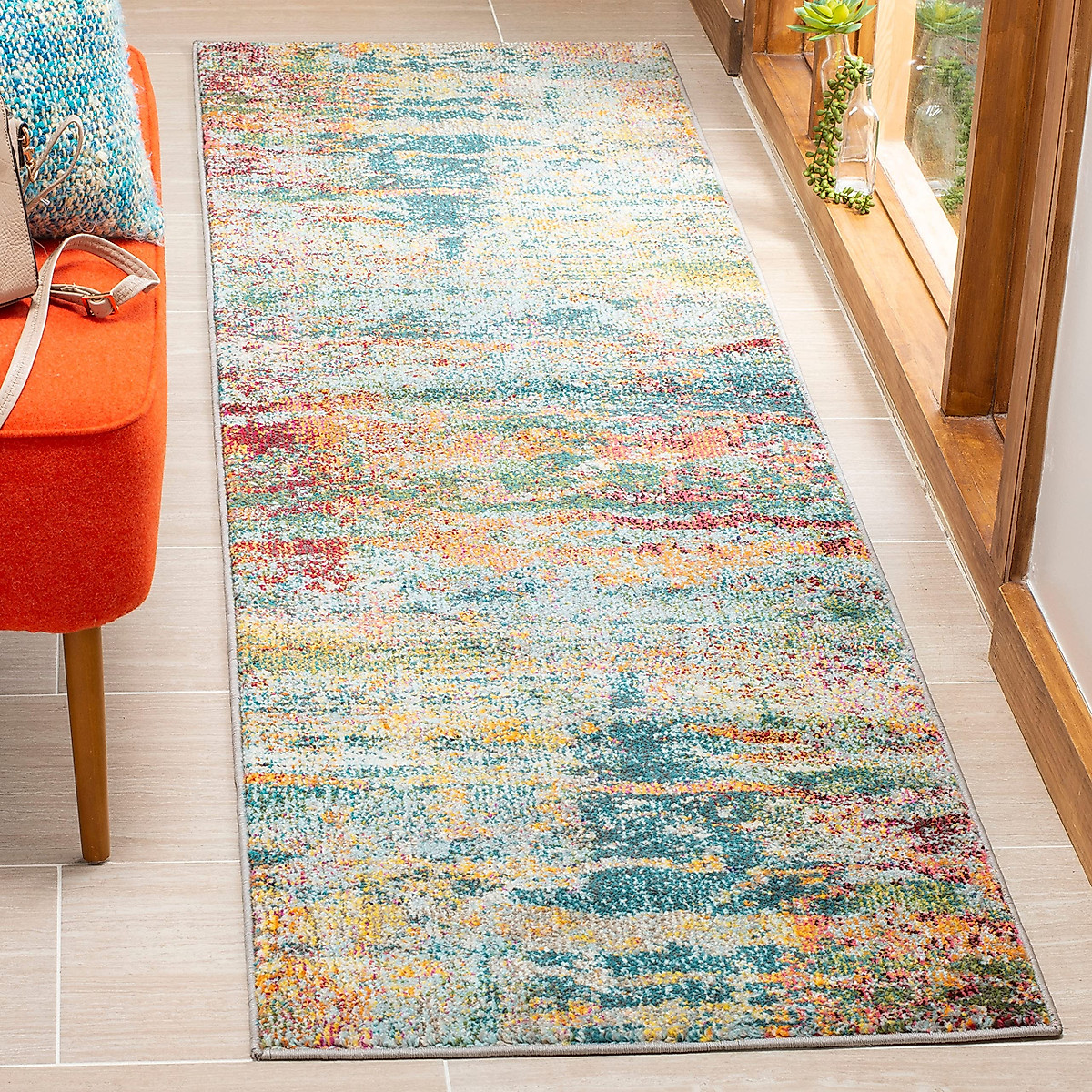 SAFAVIEH Monaco Collection 9' Square TealOrange MNC262M Modern Boho Abstract Non-Shedding Living Room Bedroom Dining Home Office Area Rug
