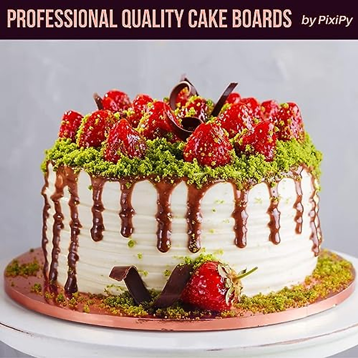 PixiPy Cake Boards (4 Pack, 12 inch, Rose Gold), Reusable Round Cake Drums for Showstopping Desserts, Heavy-Duty Disposable Cardboard Cake Bases W/Elegant Patterns, Cake Decorating Supplies