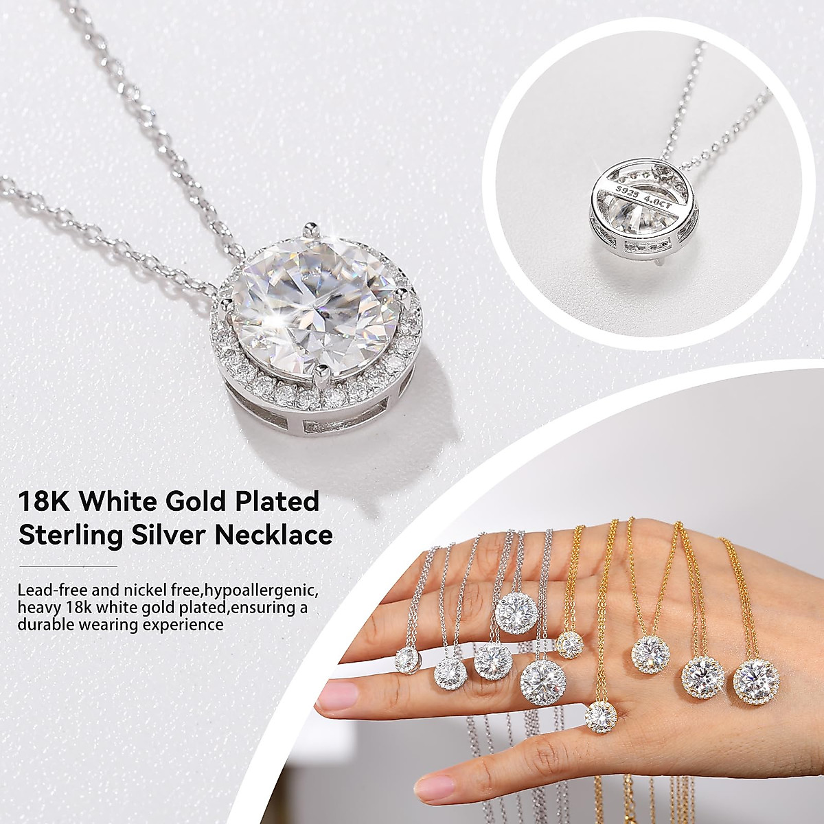 Moissanite Necklace Halo Diamond Pendant for Women 0.5CT-4.0CT 18K White/Yellow Gold Plated Sterling Silver Necklace Dainty Pendant Anniversary Day Present for Her Wife Mother 18+2 inches Lab Created Dimaond Jewelry with GRA Certificate of Authenticity