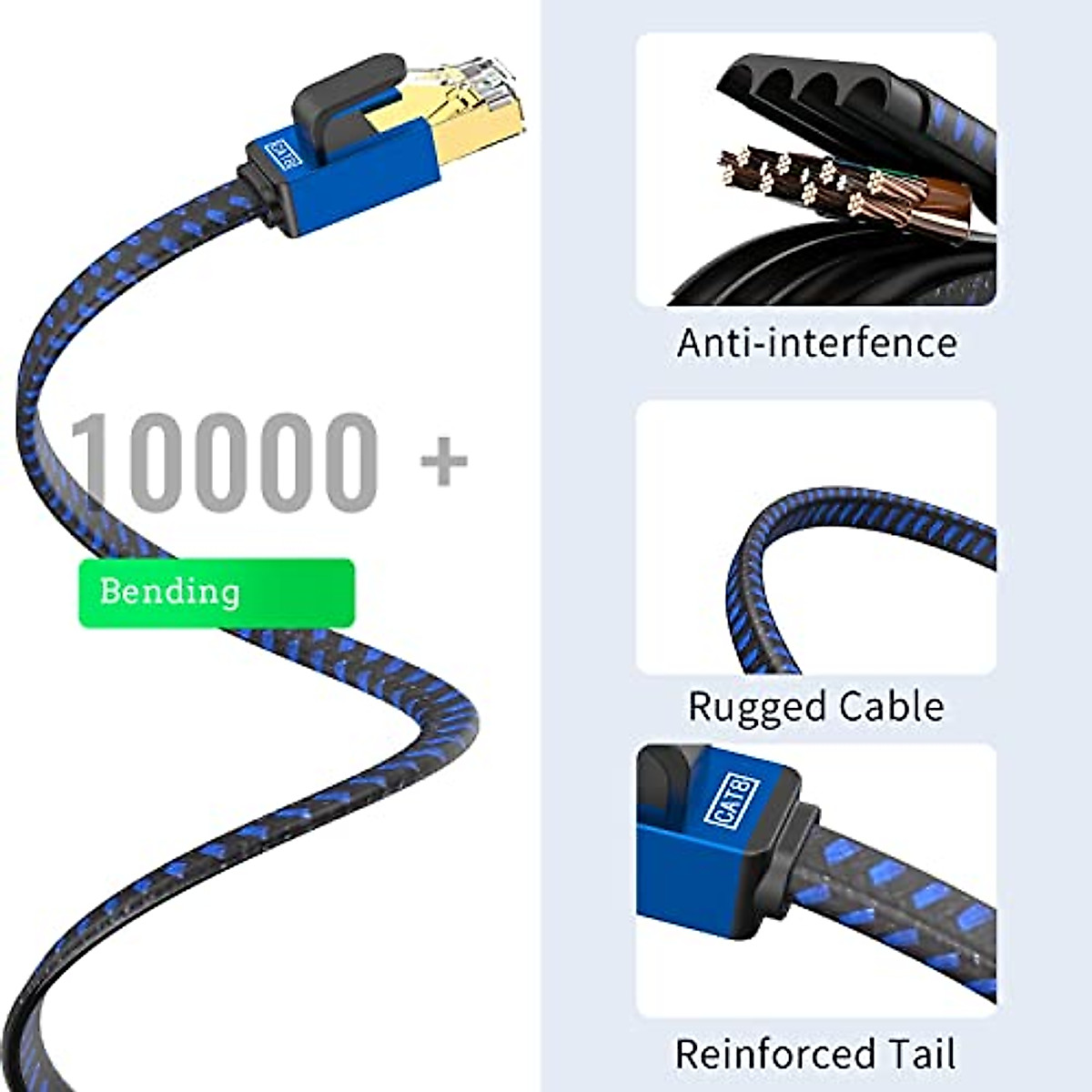 LEKVKM Cat 8 Ethernet Cable 30 FT High Speed Long Internet Cable Nylon Braided Network Cable RJ45 Connectors SSTP Shielded Flat LAN Cable Cat8 ethernet Cables 30feet for PC