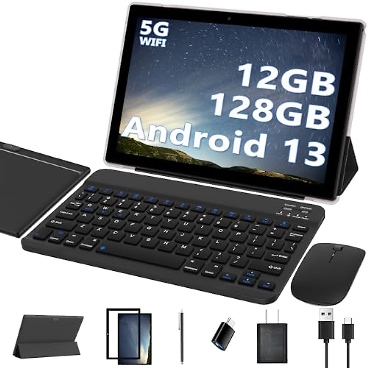 BYANDBY Android 13 Tablet 10 Inch，2 in 1 Tablet with Keyboard 12GB+128GB+512GB Expandable 5G WiFi 6,IPS Touch, Dual Camera Computer Tablets with Case (Black)