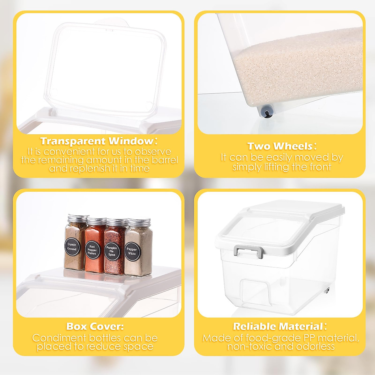 Sunnyray 4 Pcs Rice Storage Container 28 lb Airtight Flour Container with Wheels Measuring Cup Clear Pet Food Cube Dog Birds Cat Food Bin Grain Cereal Organizer Box for Dry Baking Supplies