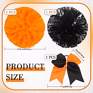 Set of 3 12 Inch Cheerleading Pom Poms and Large Cheerleader Ponytail Bow Holder for Girl Large Metallic Cheerleader Pom Poms for Sports Team Cheering (Orange and Black)