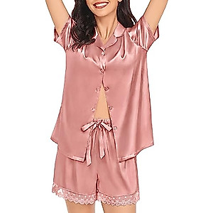 SWOMOG Ladies Pajamas Sets Satin Pajamas Womens Short Sleeve Sleepwear Soft Silky 2 Piece Loungewear Pjs for Bridal