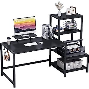 GreenForest Computer Desk 59 inch with Storage Printer Shelf Reversible Home Office Desk with Movable Monitor Stand and 2 Headphone Hooks for Study Writing PC Gaming Working, Black