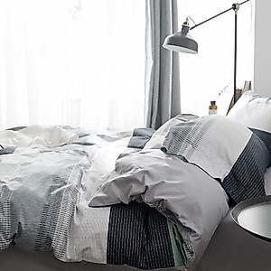 VClife Cotton Queen Duvet Cover White Grey Blue Stripe Bedding Sets Lightweight Modern Style Geometric Comforter Cover with Zipper Closure (1 Queen Size Duvet Cover and 2 Pillowcases) Breathable Soft