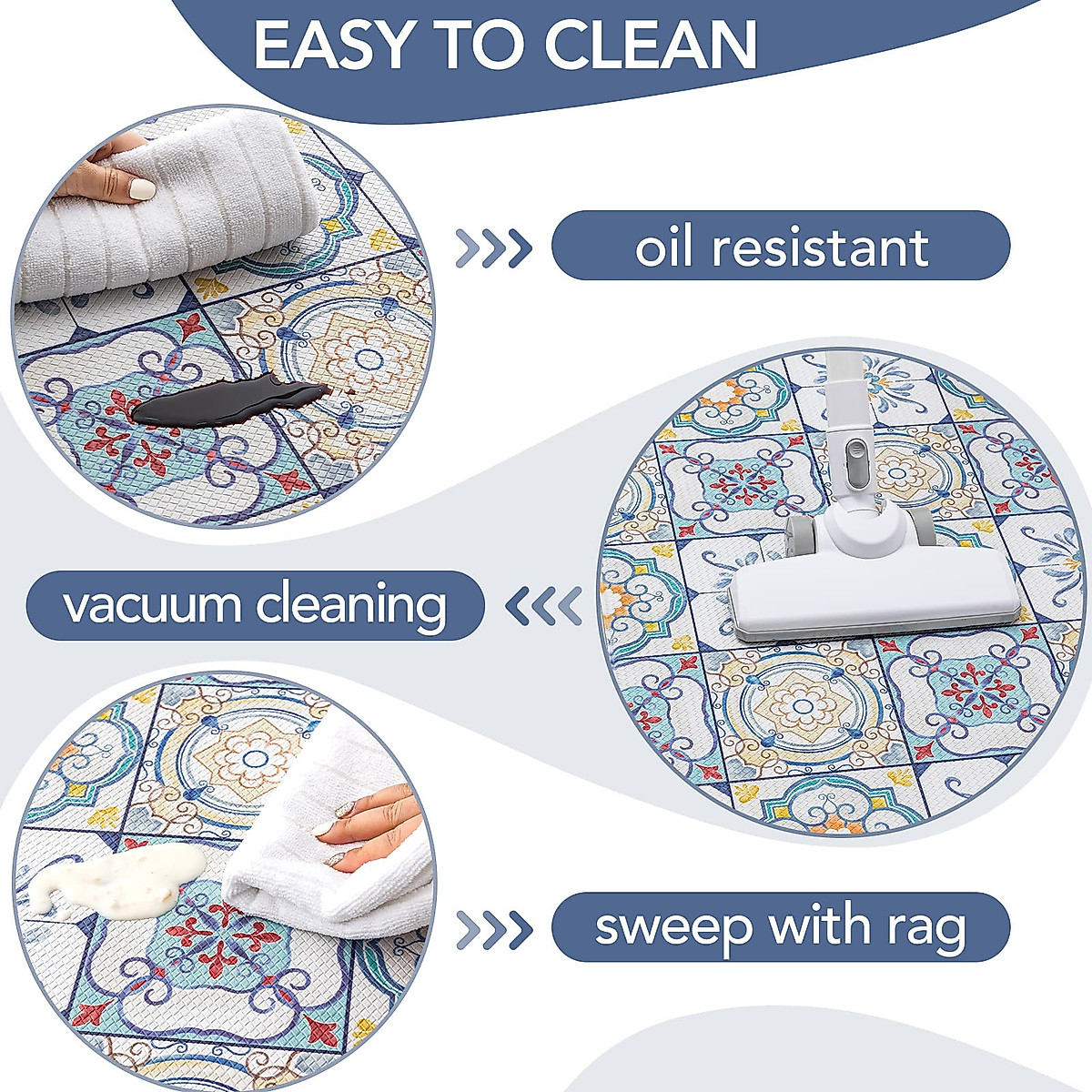 QUILTINA Kitchen Mats Cushioned Anti-Fatigue (2 PCS), Waterproof Non-Slip & Stain Resistant Kitchen Rug, 0.47'' Thick PVC Ergonomic Comfort Foam Rugs for Floor Home, Blue Flower Tile Pattern