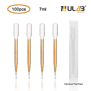 ULAB Sterile Transfer Pipettes, Essential Oils Pipettes Vol. 7ml, 3ml Graduated, 0.5ml Graduation Interval, 155mm Long, Low-Density Polyethylene Material, Individual Peel-Pack, Pack of 100, UTP1014