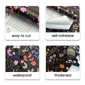 Wallpaper Self-Adhesive Blooming Vintage Colourful Flowers WallPaper for Bedroom Living Room Cabinet, Peel and Stick Beige Sketch Little Flowers Wallpaper Mural 14.2 sq. feet (118.1"x17.3", Black)