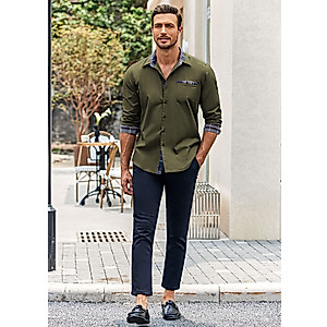 COOFANDY Men's Casual Button Down Shirts Plaid Collar Dress Shirt Army Green X-Large