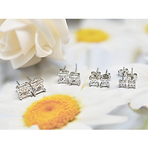 Sterling Silver Stud Earrings for Men's Women's,Square Earrings Set Hypoallergenic Cartilage Earrings Unisex,Cubic Zirconia Fashion Minimalist Earrings Pack Gifts for Him Her,4 Pairs,3MM,4MM,5MM,6MM