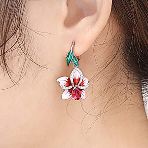 Earrings for Women Mom Fashion Women Enamel Leaf Flower Pendant Rhinestone Inlaid Leverback Earrings Statement Jewelry (Red)