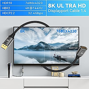 DGHUMEN 8K DisplayPort Extension Cable 3Feet, DisplayPort 1.4 Male to Female Extension Cable, Braided DP to DP Extended Cord, Supports 8K@60Hz,4K@120Hz (Grey, 3 Ft)