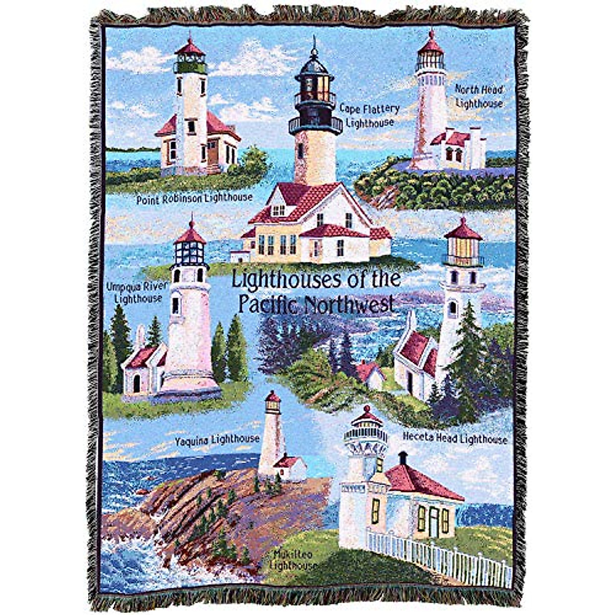Lighthouses of the Pacific Northwest Blanket - Pt Robinson Umpqua River Noth Head Yaquina Cape Flattery Heceta Mukilteo - Coastal Ocean Gift Tapestry Throw Woven from Cotton - Made in the USA (72x54)