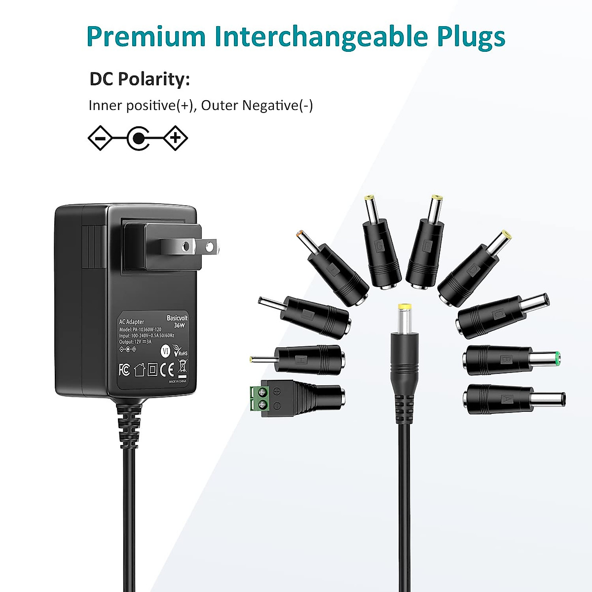 Basicvolt 12V 3A AC/DC Adapter Universal Power Supply with 10 DC Plugs, Regulated 12Volts 3000mA Power Adapter for LED Strip Light, CCTV Camera, BT Speaker, Router, DC12V Transformer
