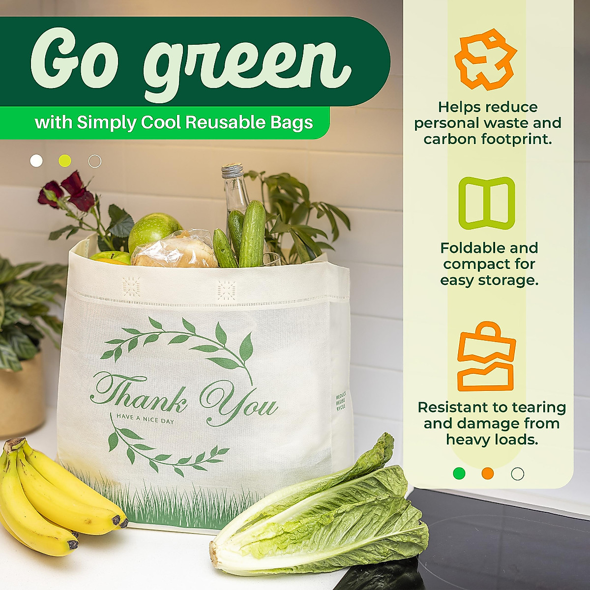 50 Pack Reusable Thank You-Have a Nice Day Eco-Friendly Large Grocery Shopping Bags 14.5"x14"x6.6" Durable, Recyclable Shopping Bags for Customers Washable, Foldable, Portable Tote Bags Bulk
