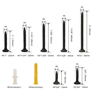 SZHKM Screws Drywall Screws Quality Black Steel #6 Sharp Point Self Tapping Screws with Anchors Black Steel Wood Screws Assortment Set, Machine Screws, 250PCS - for Drywall Sheetrock, Wood and More