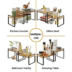 HILINSIE Cabinet Organizer Shelf- Set of 2 Kitchen Counter Shelves, Expandable Spice Racks, Stackable Counter Top Shelf, Engineered Wood and Metal, 7.7 x 11.6 x 14 Inches, Natural and Black