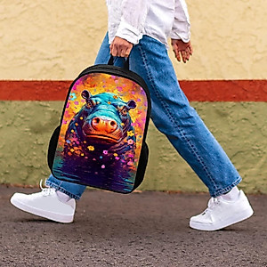 Kids Cool Animal Backpack Black Aesthetic Personalized Funny Floral Hippo School Backpack for Boys Girls Padded Back & Straps Comfy Lightweight Cute Bookbag 17 Inch Student Basic Daypack
