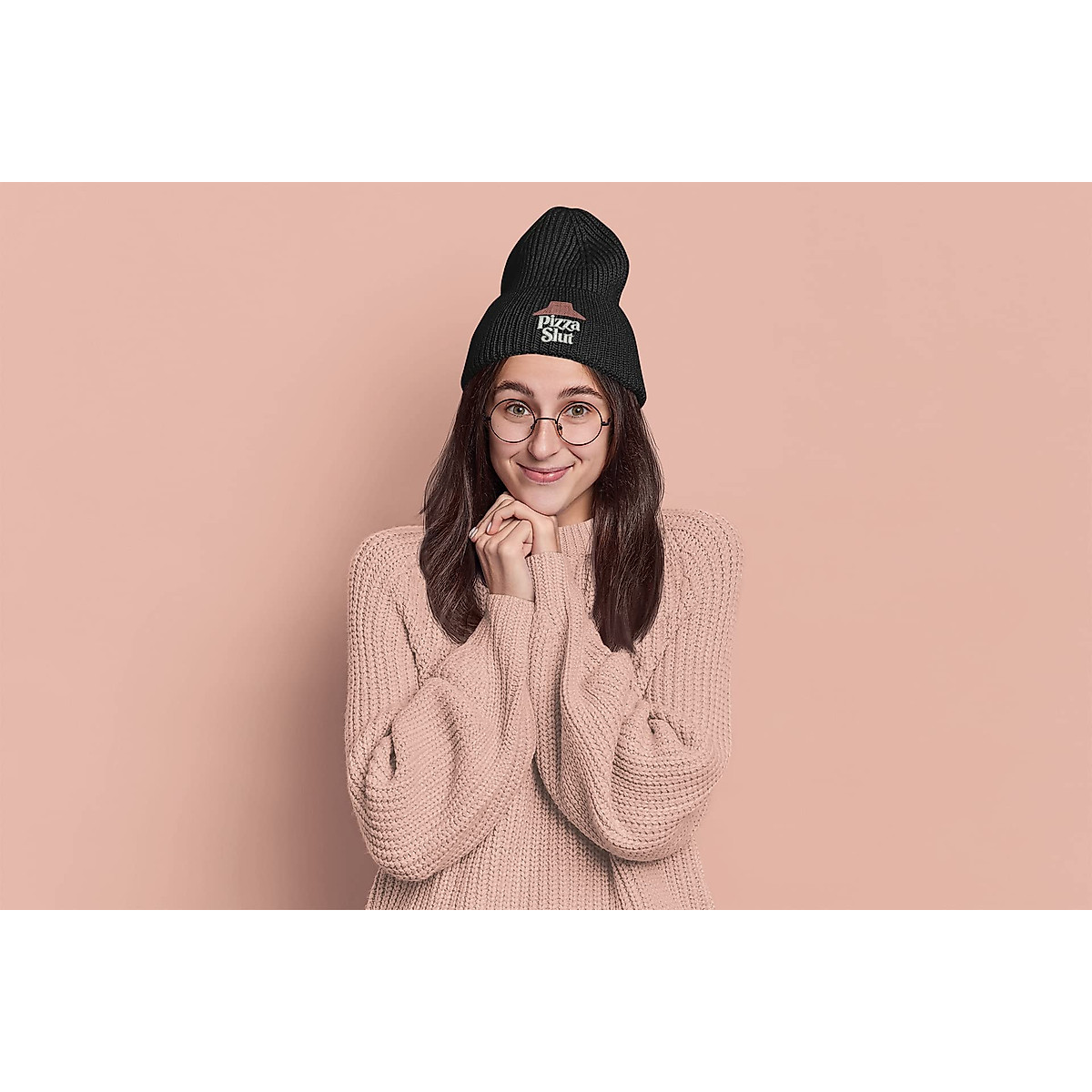 ALLNTRENDS Pizza Slut Embroidered Beanie Warm Hat Winter Cap Adult Graphic Beanies (Navy Blue)