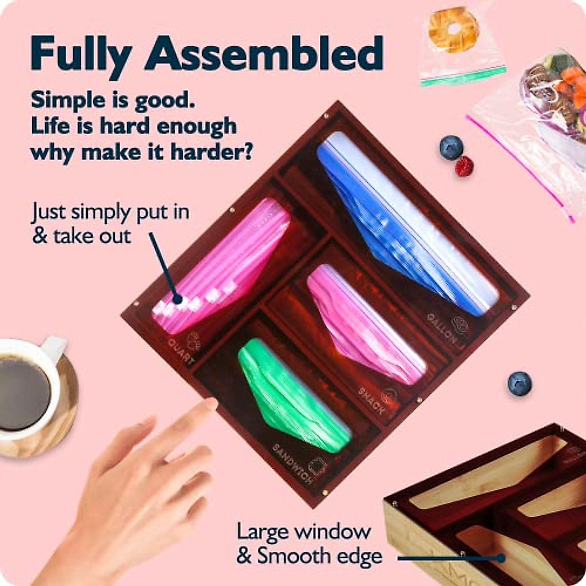 KMC Bamboo Ziplock Bag Organizer for Drawer,Acrylic Ziplock Bag Storage Organizer, Kitchen Storage Organizer, 4 Slots in 1 Box, compatible with Gallon, Quart, Snack and Sandwich(Frosted)