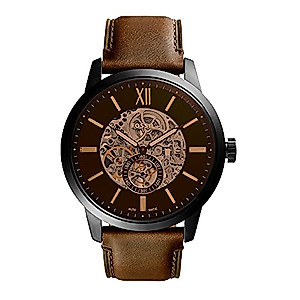 Fossil Men's Townsman Automatic Stainless Steel and Leather Three-Hand Skeleton Watch, Color: Black, Cognac (Model: ME3098)