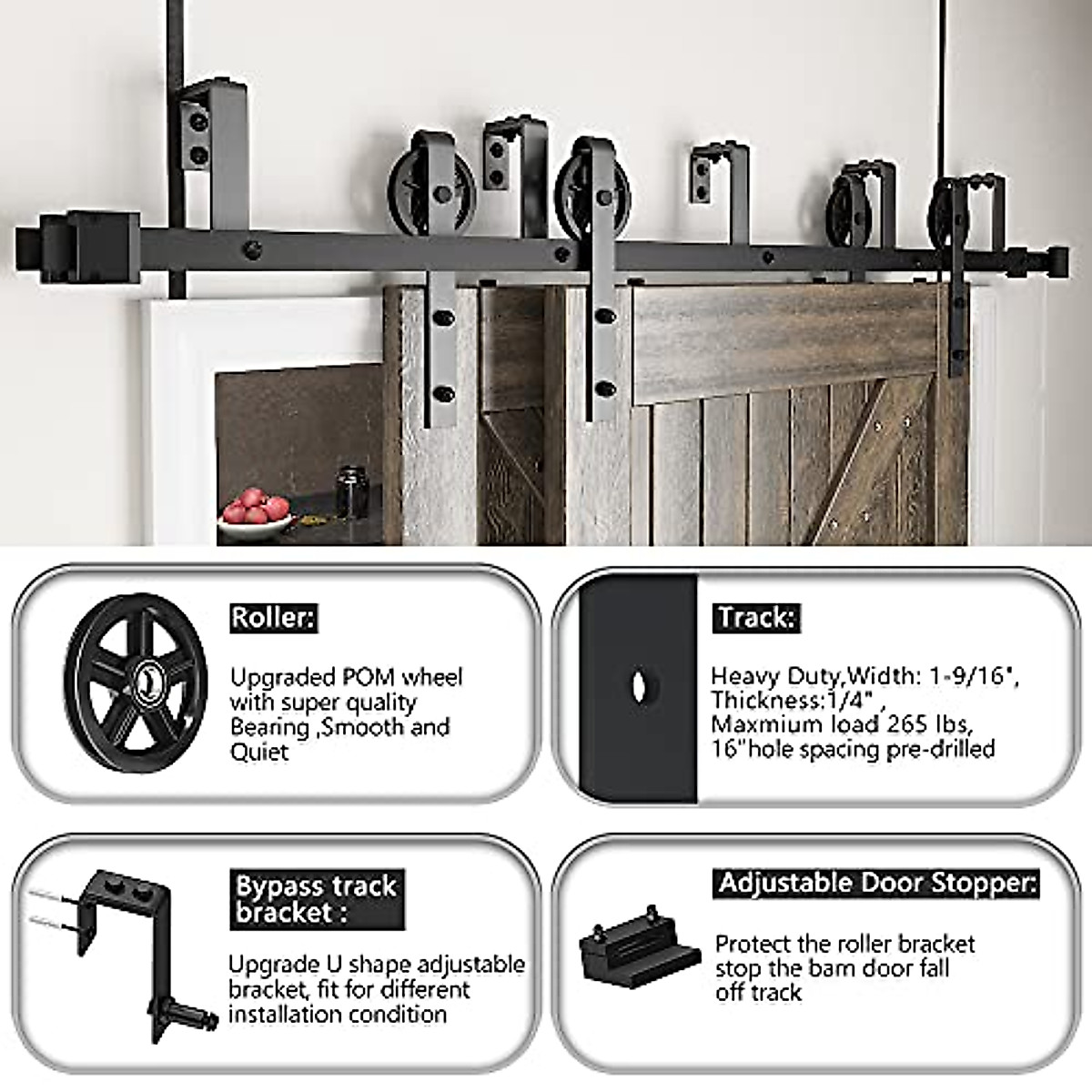 skysen 6FT Low Ceiling Heavy Duty Sliding Barn Door Hardware Double Track Bypass Double Door Kit Black(Bypass Spoke Wheel-2)