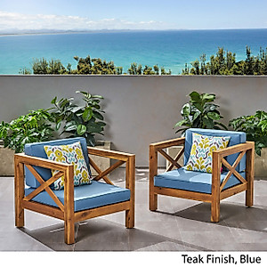 GDFStudio Outdoor Acacia Wood Club Chairs with Cushions (Set of 2), Teak Finish and Blue