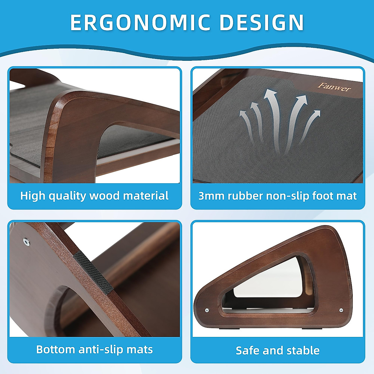 Fanwer 6 Height Adjustable Foot Rest for Under Desk at Work, Ergonomic Foot Stool with Massage Rollers, Ergonomic Tilted Footrest Foot Massager for Home Office Work