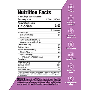 Organic Almond & Chia Milk, Zero Sugar, Almond Milk, with 800mg OMEGA-3 and Prebiotic Fiber, Vegan, Dairy Free, Gluten Free, Plant Based, Lactose Free, Non-GMO, Shelf-Stable, Low Carb, Keto, Soy Free, Kosher, Lechia, 32oz (6 Pack)