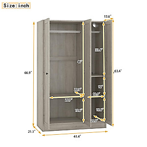 Bellemave 3 Doors Wardrobe Armoire, Armoire Wardrobe Closet with Hanging Rod, Wood Clothes Storage Cabinet Organizer, 3-Door Wardrobe Closet with Doors, Gray