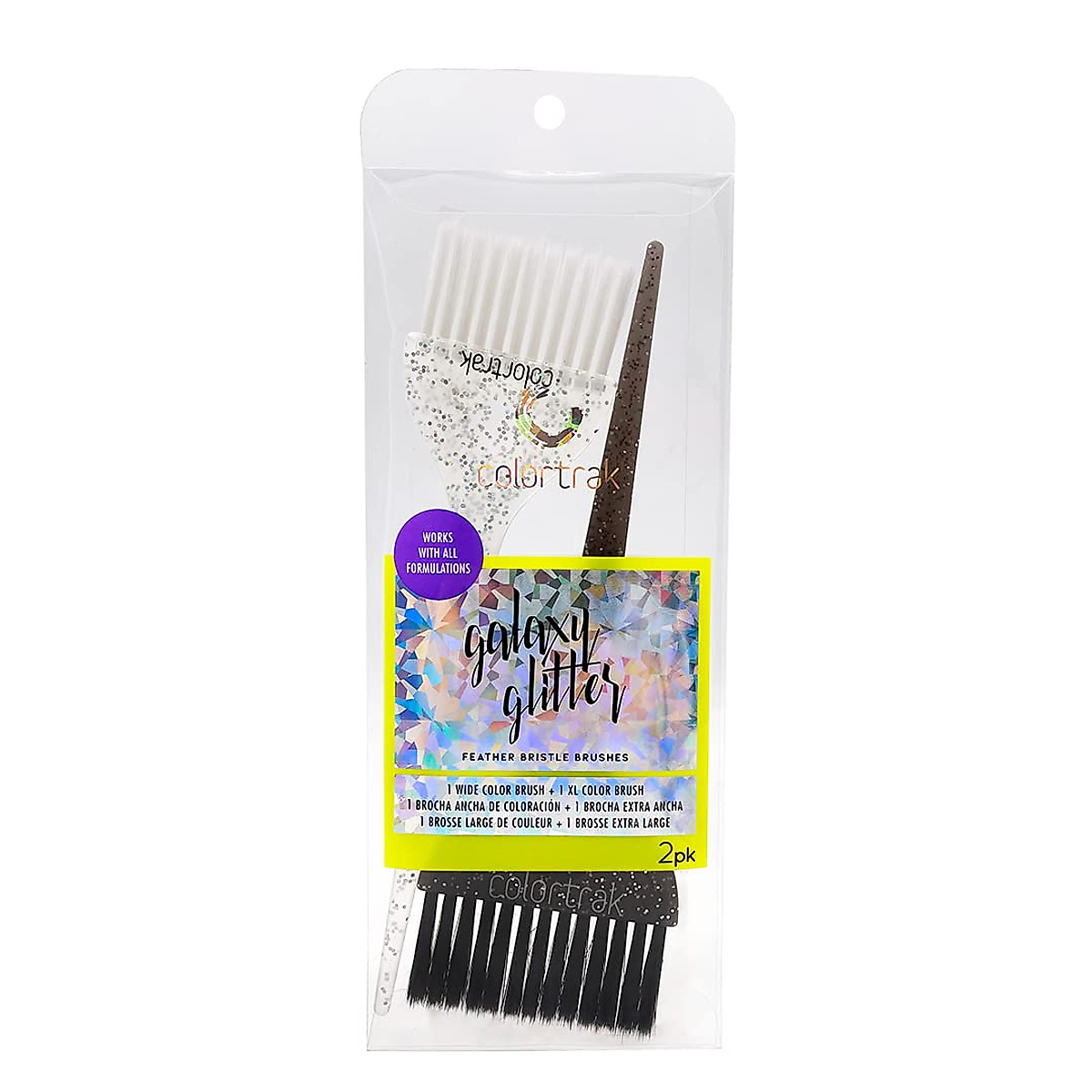 Colortrak Galaxy Glitter 2 Piece Hair Brush Set for Highlighting and Coloring Hair Sections, Includes 2.5 Inch Wide Celestial Glow Soft Bristle Brush, 3 Inch Wide Meteor Shower Stiff Bristle Brush